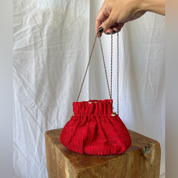 Vintage | Bags | Vintage Cherry Red Silky Ruched Mini Handbag With Gold ...